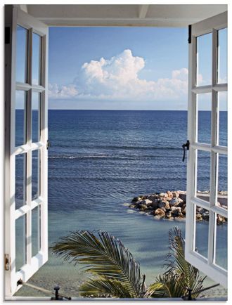 Artland Wanddeko Glasbilder Wandbild Glas Bild einteilig Hochformat Strand Meer Küste Palmen Ausblick Natur Fensterblick Maritim Blau T9II