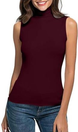 Generic Pull &agrave; col roul&eacute; sans manches pour femme en coton basique sans manches avec col T-shirt &agrave; manches longues pour femme Couleur unie Gilet sans manches T