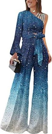 ORANDESIGNE Combinaison Pantalon Femme Epaules Dénudées Combinaison Chic et Élégant une épaule Jumpsuit Dété Combishort Loose Casual Overalls Rompers A Bleu L