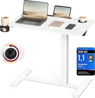 Vasagle Beistelltisch mit Rollen, mobiler Stehtisch, 80 x 45 cm gro&szlig;e Tischplatte, verstellbare H&ouml;he, 2 Getr&auml;nkehalter, Schlitz f&uuml;r Handy oder Tablet, wolkenw