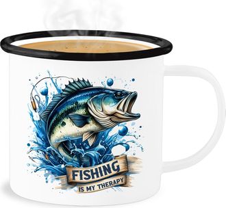 Shirtracer Emaille Becher Blechbecher - Angeln Tassen - Fishing is my therapy - Fischer Geschenk - 300 ml - Wei&szlig; Schwarz - angler fisch fischen angel geschenke f