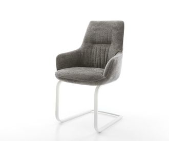 DELIFE Freischwinger Zelia-Flex mit Armlehnen Boucl&eacute; Soft Schlamm Freischwinger flach Wei&szlig; Taschenfederkern, Esszimmerst&uuml;hle