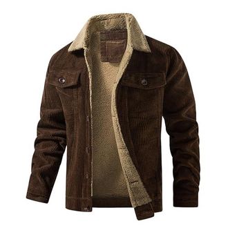 Generic Veste de camionneur en velours c&ocirc;tel&eacute; doubl&eacute; Sherpa avec boutons sur le devant et col en fourrure pour homme, caf&eacute;, XL