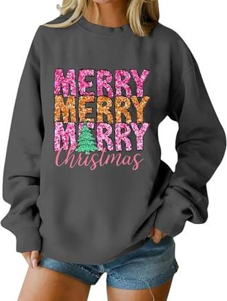 Generic Pull de Noël imprimé lettres pour femmes, pull dhiver confortable pour les vacances, drôle et mignon, col rond, manches longues, t-shirt de Noël joyeu