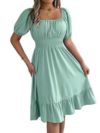 Generic Robe d&eacute;t&eacute; d&eacute;contract&eacute;e &agrave; manches bouffantes avec col carr&eacute;, manches courtes, taille ajust&eacute;e, ourlet &agrave; volants, robe d&eacute;t&eacute; midi trap&egrave;ze, Vert-2, XL