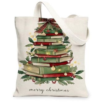 Generic Sacs fourre-tout en toile avec motif darbre de No&euml;l, sacs d&eacute;picerie r&eacute;utilisables, vintage l&eacute;gers et lavables avec bandouli&egrave;re C, cr&egrave;me, 13x15 Inch