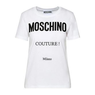 Moschino Femme, Tops, Blanc, Taille: 42 FR T-Shirt en Coton avec Col Rond et Logo Brodé