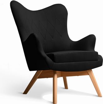 MG Design Ohrensessel aus Samt in Schwarz - Bequemer Polstersessel mit Holzbeinen, hoher R&uuml;ckenlehne & weichem Samtbezug f&uuml;r Wohnzimmer oder Schlafzimme