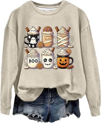 Generic Pull pour femme - Motif citrouille café - Rétro - Pour lautomne - Cadeau de Thanksgiving - Pull à manches longues, beige, M