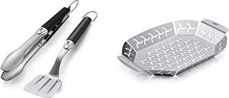 Weber 6645 Grillbesteck Kompakt 2-teilig, Zange und Wender, Edelstahl, schwarz & 6677 Premium Grillkorb 19x27 cm, Gemüsekorb