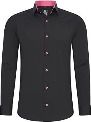 Rusty Neal Chemise pour homme - Coupe ajustée - Manches longues - Stretch - Contraste - Chemise daffaires - Chemise décontractée, noir/rose, XXXXXXL