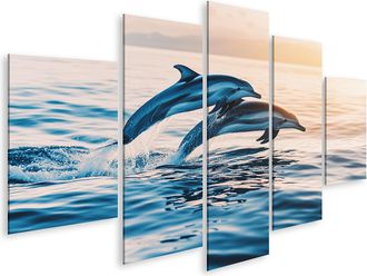 Islandburner Prime Bild auf Leinwand Delfine springen bei Sonnenuntergang im Meer für Wohnzimmer Naturliebhaber Wellnesscenter Bilder Wandbilder Poster