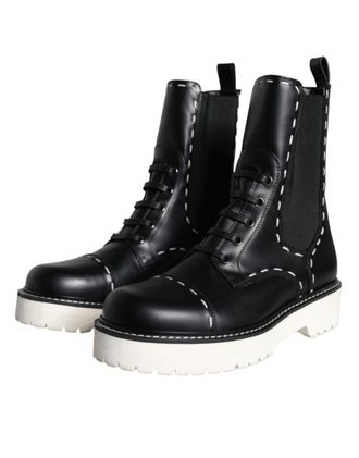 Dolce & Gabbana Womens Black Leather Combat Mid Calf Boots Shoes And White