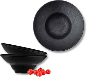 Wilmax England Wilmax | Tiefe Schalen - 2 Stück 22,5 cm / 1100 ml | Schwarze Pastateller | Natursteintextur | Für Pasta, Suppen, Salate, Hauptgerichte | Kratzfester 