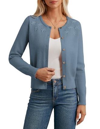 Grace Karin Cardigan d&eacute;t&eacute; pour femme avec broderies d&eacute;cor&eacute;es boutonn&eacute;es col rond manches longues tricot pull, gris/bleu, XL