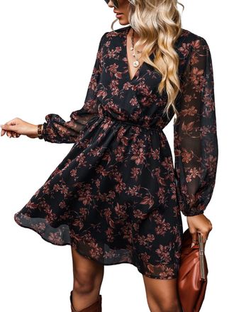 Cupshe Damen Kleid Wickeloptik V Ausschnitt Langarm Blumenmuster Chiffon Freizeitkleider Wickelkleid Party Mini Dress Blumen XL