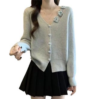 Generic Cardigan en tricot pour femme - Style cor&eacute;en - Style d&eacute;contract&eacute;, bleu ciel, Taille XS