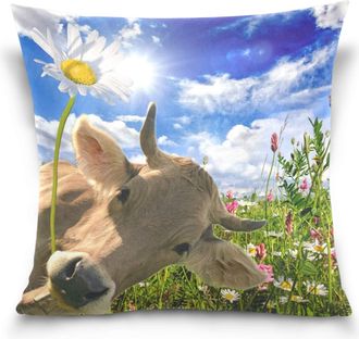 HMZXZ Kissenbezug 40x40cm Tier Kuh Blume Sonnenblume Dekorative quadratische Kissenbez&uuml;ge Kissenh&uuml;ller f&uuml;r Couch Sofa Schlafzimmer Wohnzimmer