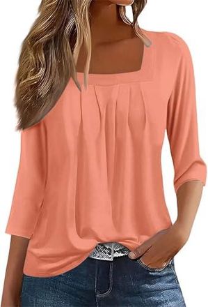 Generic CGGMVCG T-Shirt pour Femme à Manches 3/4 et col carré, Couleur Unie, Haut plissé décontracté pour Femme, Tendance, Rose, M