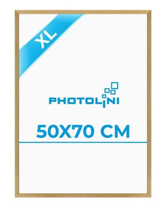 Photolini Bilderrahmen 50x70 Gold Holz MDF, 50x70 cm Bilderrahmen gro&szlig;, Rahmen 70x50 Puzzle, bruchsicheres Acrylglas, picture frame zum Aufh&auml;ngen, Fotorahmen f&uuml;