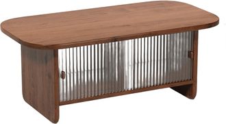 Generic Wohnzimmertisch Rechteckig Vintage-Stil Massivholz Couchtisch Großer Stauraum Doppelte Glasschiebetür Platzsparend Stubentisch für Wohnzimmer, Balkon 