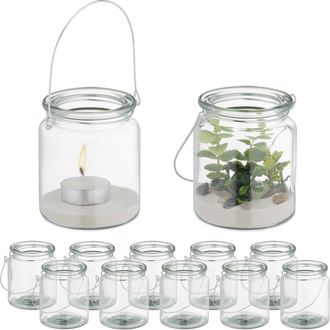 Relaxdays Windlicht Glas, 12er Set, Teelichthalter mit Henkel, HxD: 9,5 x 8 cm, runde Kerzengläser, transparent/Silber