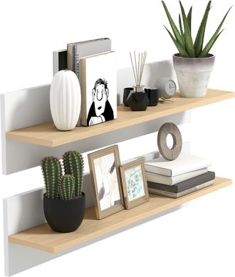 HOMCOM Wandregal 2er-Set Schweberegal, Wandboard, Regalbrett zur Pr&auml;sentation, f&uuml;r K&uuml;che, Wohnzimmer, Badezimmer, Wei&szlig;+Naturholz, 80 x 16,5 x 20 cm