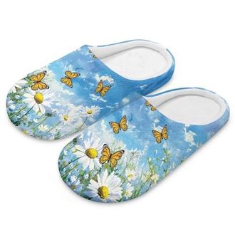Coloranimal Pantoufles de spa &agrave; bout ferm&eacute; pour femme, chaussures dint&eacute;rieur en coton et lin, pantoufles dint&eacute;rieur en coton, Blue Sky Daisy Butterfly, 38.5/39.5 