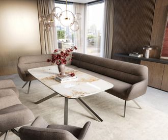 DELIFE Esszimmerbank Taya-Flex 285x190 cm Strukturstoff Soft Taupe Kreuzgestell kantig Edelstahl Taschenfederkern Rechts, B&auml;nke