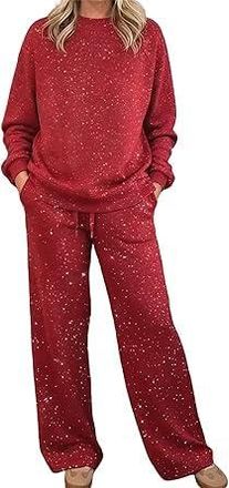 Generic Ensemble de salon 2 pi&egrave;ces pour femme, sweat-shirt et pantalon brillants &agrave; col rond et pantalon, tenue de voyage, Rouge, 3XL