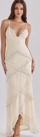 House of CB Sorelle Vanille-Georgette-Maxikleid mit handverzierten Stufen - Limited Edition in Vanille-Neutral