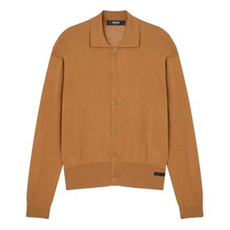 Versace Homme, Pulls, Brun, Taille: XL Cardigan Polo en Tricot Soie-Coton
