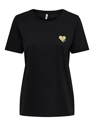 Only Women Plain Brand Heart T-Shirt | Basic Shortsleeve Round Neck Top | Unicolored Shirt ONLKITA, Couleurs:Noir, Taille:XS