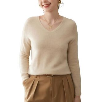 Dissa Pull Cachemire Femme Col V Uni Tricot&eacute; en Vrac Manches Longues Fin Pull en Cachemire et Laine,Beige-2,EU 44,MN655