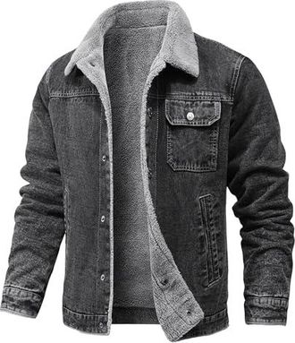 Generic Veste en jean doubl&eacute;e polaire grande taille pour homme, col &agrave; revers, chaude, style sherpa, veste trucker dhiver &eacute;paisse et d&eacute;contract&eacute;e, grise, grand