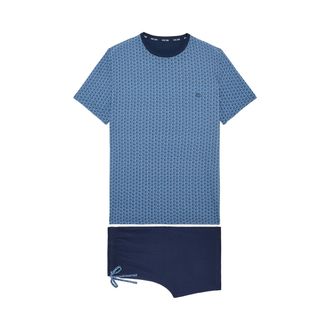 HOM Herren Pyjama Court Martinez Set, Oberteil: Abstraktes Schuppenmuster In Blau, Marine Und Wei&szlig;, Hose: Unifarben Marineblau, S EU