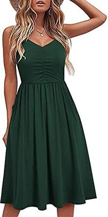 Minetom Femme Robe Sexy à Bretelles Été Élegante Chic sans Manche Col V Genoux Casual Imprime Portefeuille Robe de Plage Vacances Club A Vert Foncé XL