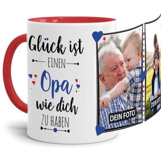 Tassendruck Fototasse mit Spruch f&uuml;r Opa - Gl&uuml;ck ist, jemanden wie Dich zu haben - zum Selbst gestalten mit 2 Fotos, Innen & Henkel Rot, 300 ml
