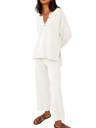 Generic Ensemble chandail 2 pi&egrave;ces pour femme, coupe d&eacute;contract&eacute;e, pull en tricot &agrave; manches longues et pantalon &agrave; jambe large, rose, taille S, pour le quotidi