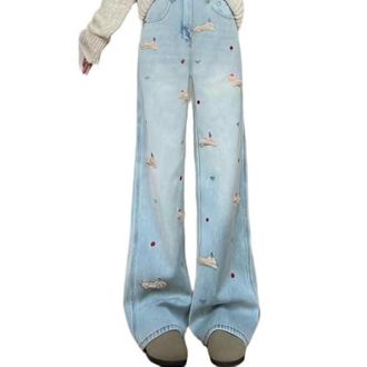 Generic QXDZSW Pantalon dhiver pour femme - Jean &eacute;vas&eacute; brod&eacute; - Doublure polaire &eacute;paisse - Taille haute - Coupe ample - Pantalon en jean tendance, Xt-bmsnz-909