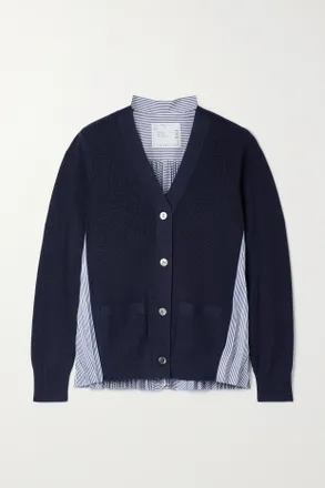 sacai Cardigan En Coton Et En Popeline À Rayures Et À Plis - Bleu