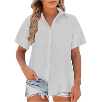 Generic Chemise décontractée surdimensionnée pour femme 2025 - Chemise décontractée en duvet à manches courtes en coton et lin grande taille - Hauts dété conf