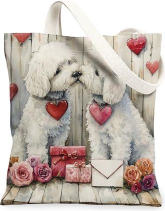 Generic Sac fourre-tout en toile r&eacute;utilisable pour la Saint-Valentin Motif chien bichon fris&eacute; 33 x 38 cm, motif couple rustique, chiot