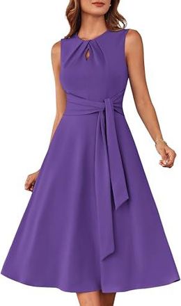 Grace Karin Robe midi sans Manches pour Femme Robe col Rond &eacute;lastique d&eacute;coupe pliss&eacute;e avec Poches Ceinture Violet XL