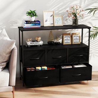 Giantex Kommode mit 5 Stoff-Schubladen, Sideboard mit 2 offenen Regalb&ouml;den & Metallrahmen, Aufbewahrungsschrank mit Holzplatte, Aufbewahrungskommode f&uuml;r Schla