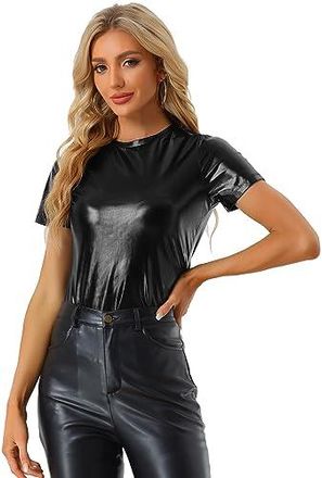 Allegra K Femme Fête Métallique Textured Short Manche Brillant Multicolore Top Noir B L