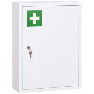 Kleankin Medizinschrank, Apothekerschrank mit 3 Fächern, Medikamentenschrank, Abschließbarer Erste Hilfe Schrank mit 2 Schlüsseln, Stahl, Weiß, 40 x 15 x 53,5 