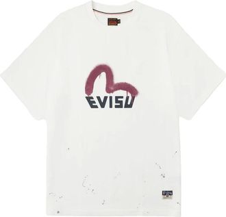 Evisu Homme, Tops, Blanc, Taille: S T-shirt Coupe Décontractée avec Imprimé Graffiti de Mouette et Logo