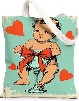 Generic Sac fourre-tout en toile avec motif coeur vintage, motif illustration de b&eacute;b&eacute;, sacs &agrave; provisions r&eacute;utilisables, l&eacute;gers et lavables, aqua, 13x15 Inch