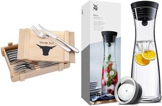 WMF Steakbesteck 12-teilig, Steakbesteck Set f&uuml;r 6 Personen, Steakmesser Set, Steakgabel & Basic Wasserkaraffe aus Glas, 1 Liter, Glaskaraffe mit Deckel, 
